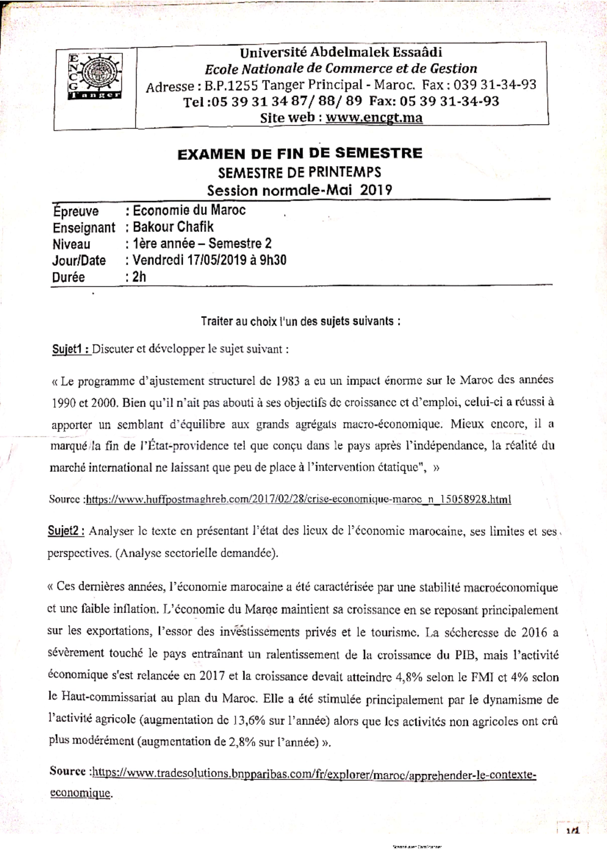 Exam de Fin de Semestre B200 - Économie du Maroc 2019 - Studocu