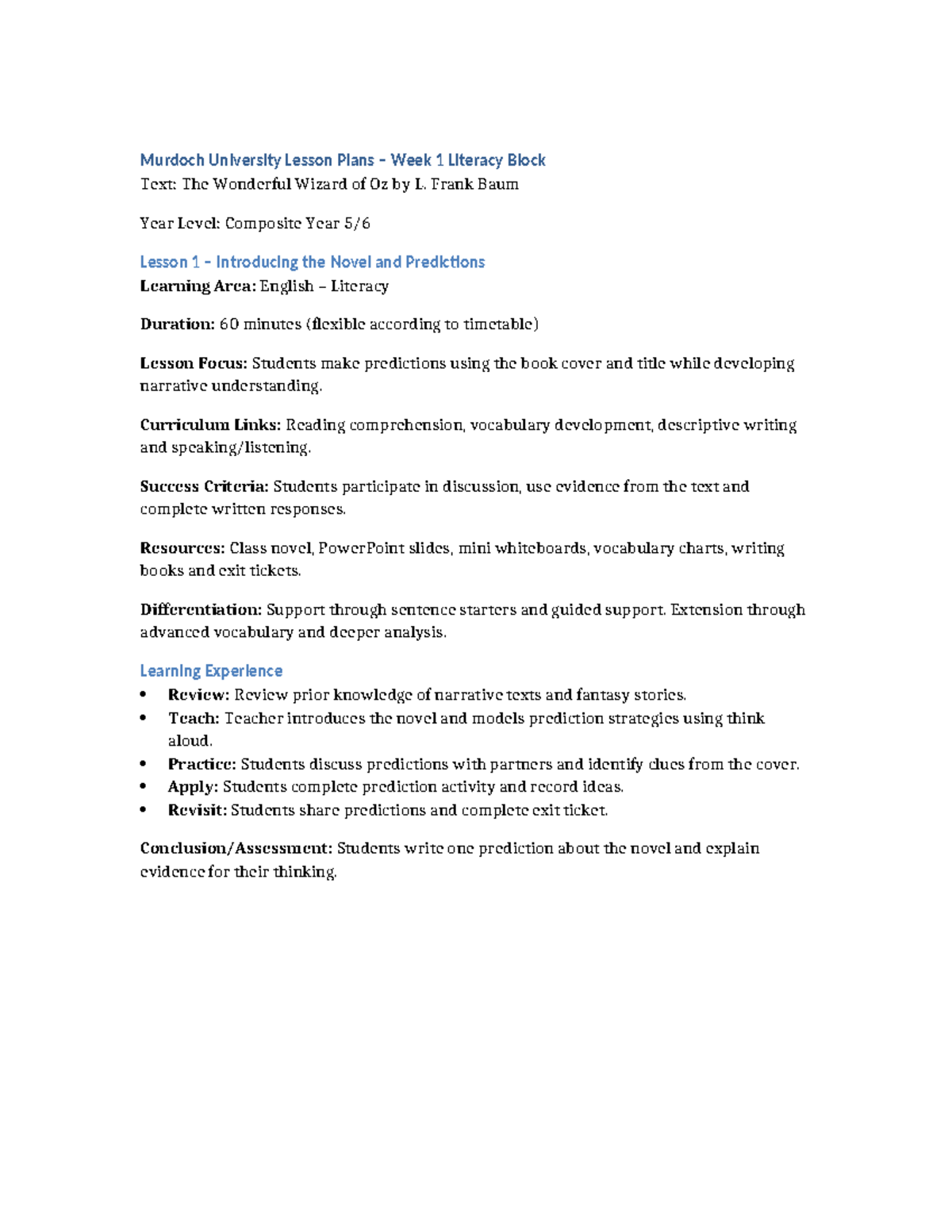 Murdoch University Lesson Plans: Week 1 Literacy Block - Studocu