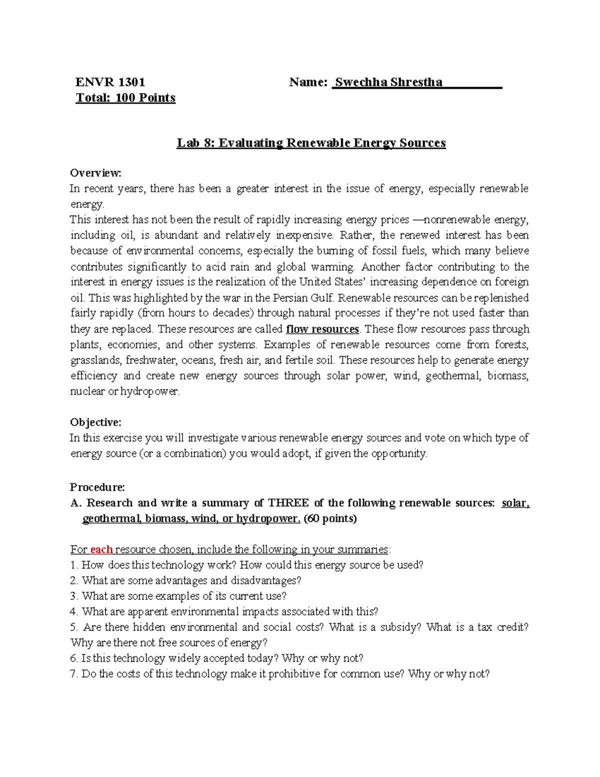 ENVR 1301 Lab 8: Evaluating Renewable Energy Sources Summary - Studocu