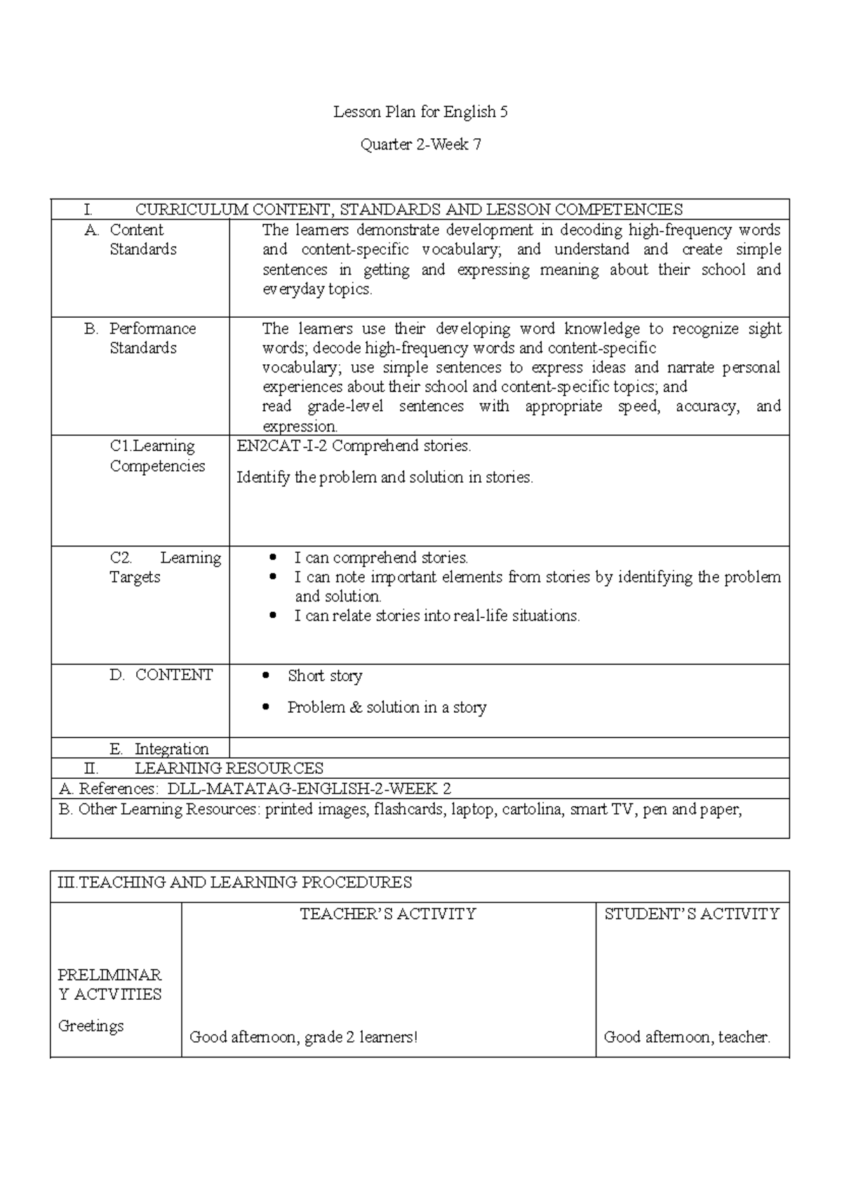 Lesson Plan for English 5 Q7: Decoding & Story Comprehension - Studocu