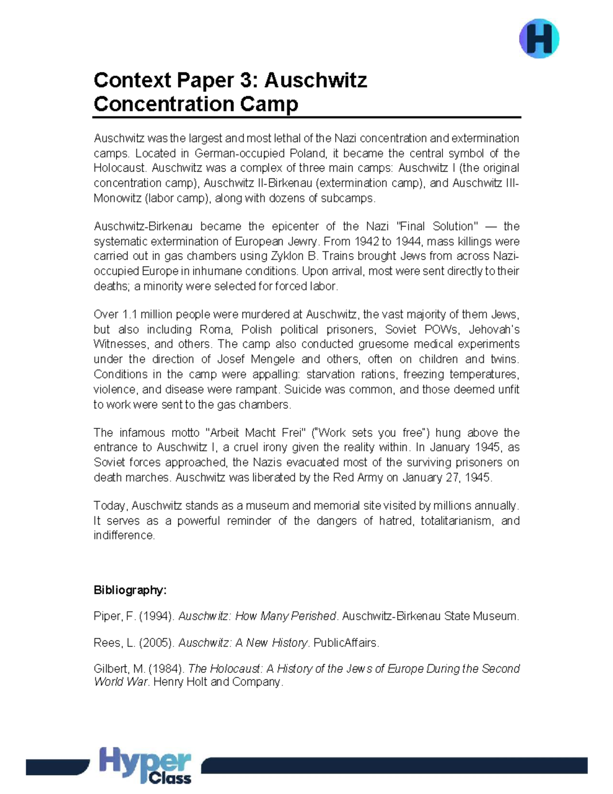 Context Paper 3: The Horrors of Auschwitz Concentration Camp - Studocu