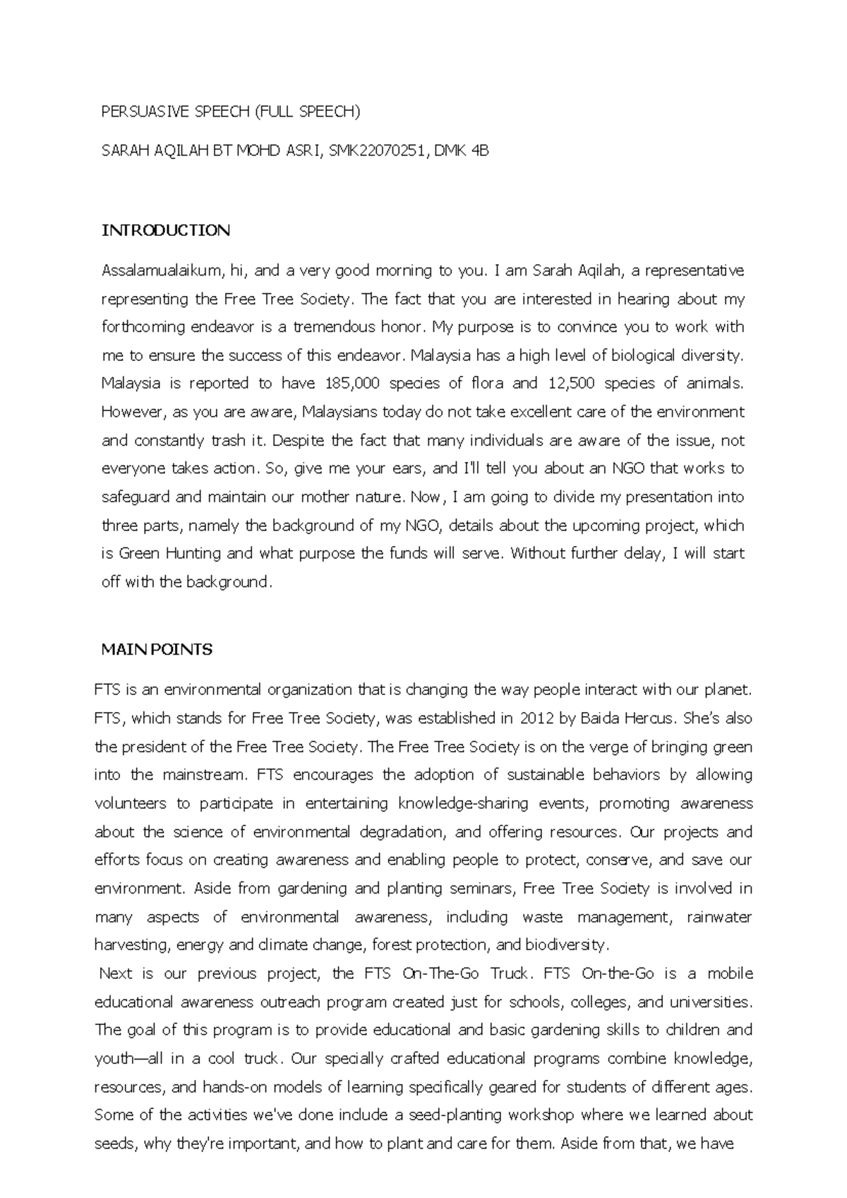 Persuasive Speech on Environmental Awareness - SMK22070251 - Studocu