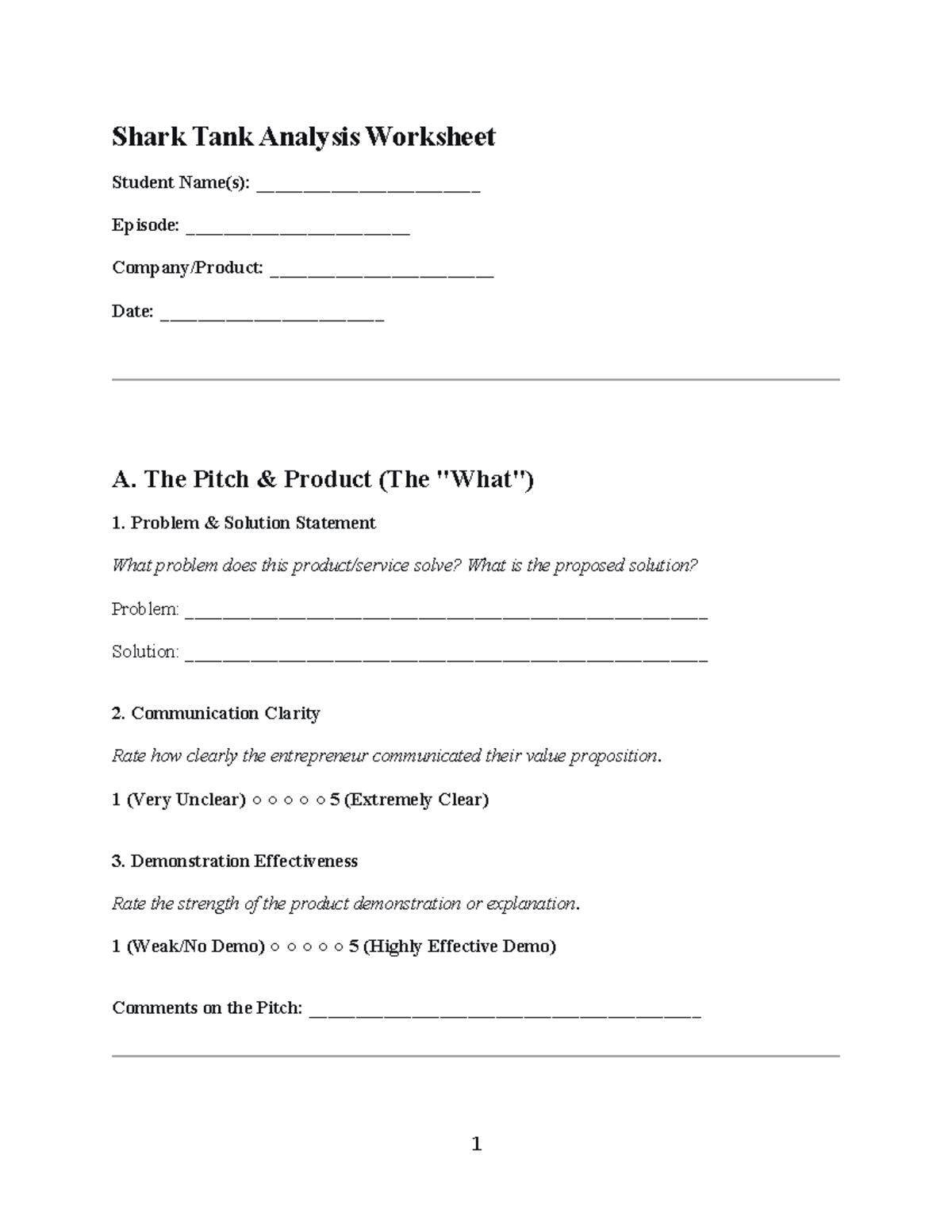 Shark Tank Analysis Worksheet - Episode Review & Insights - Studocu
