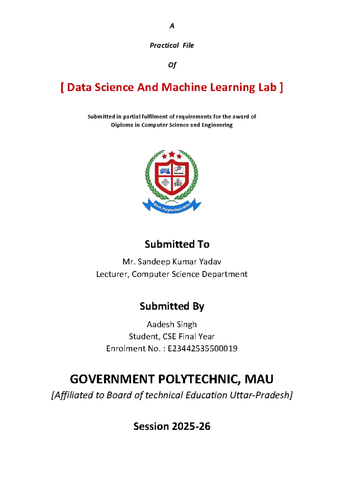 CSE Final Year Data Science & ML Lab Practical File - Studocu