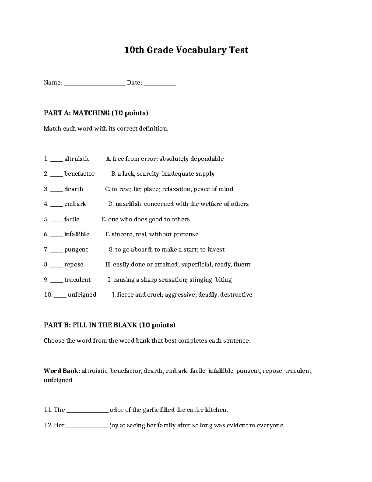 10th Grade Vocabulary Test: Matching, Fill in the Blank, Context Clues ...