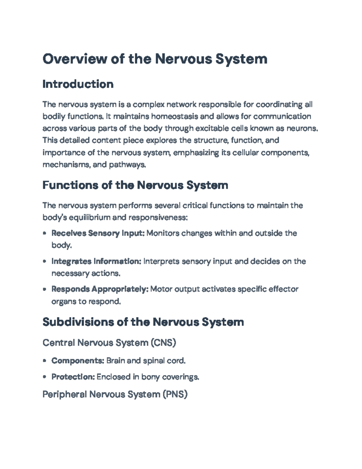 Overview of the Nervous System: Structure, Functions, and Mechanisms ...