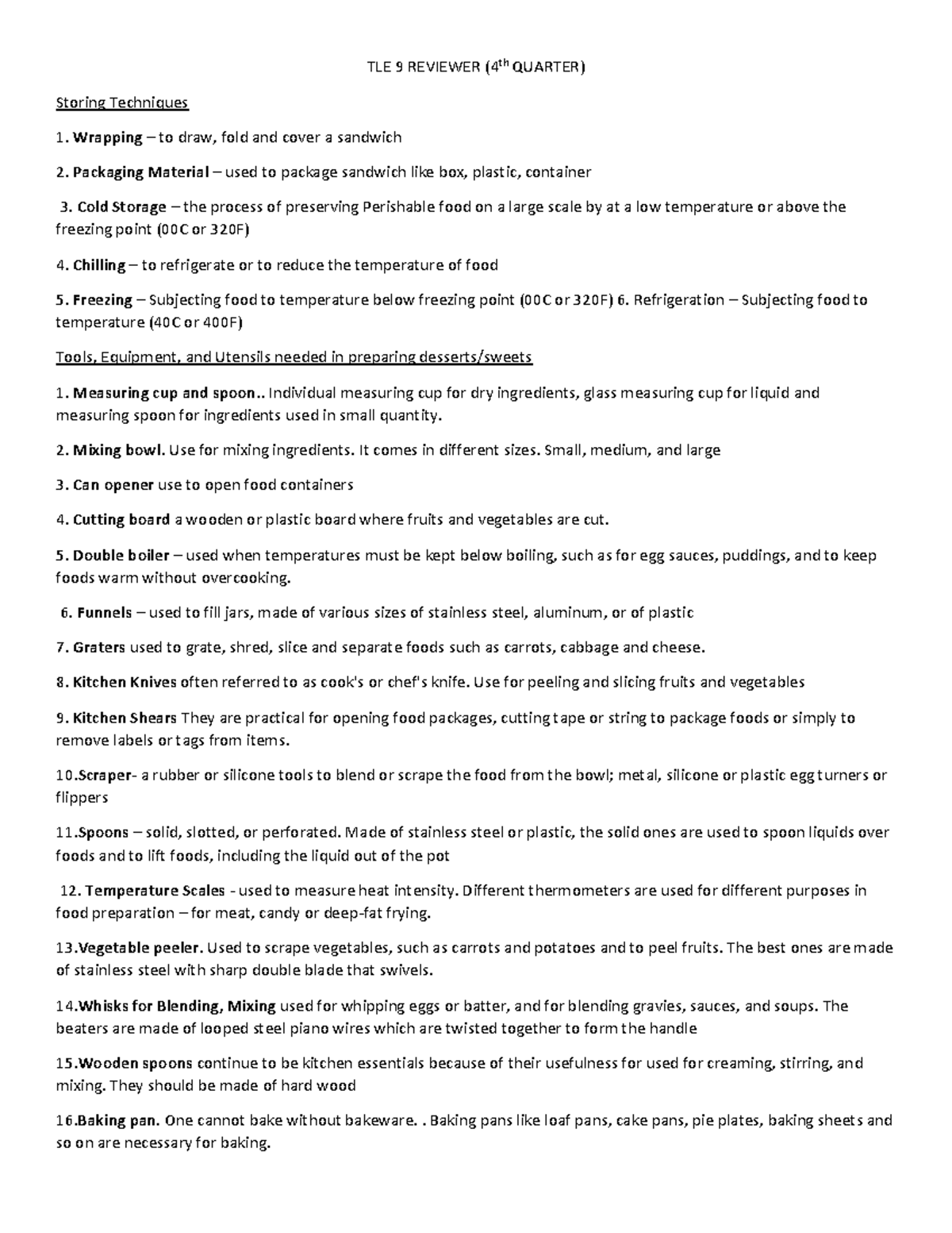 TLE 9 4th Quarter Reviewer: Storing Techniques & Equipment - Studocu