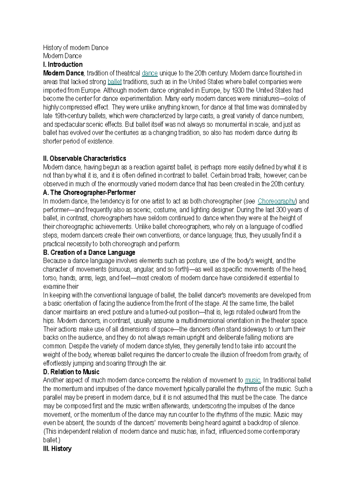 History of Modern Dance I - Overview and Key Characteristics - Studocu