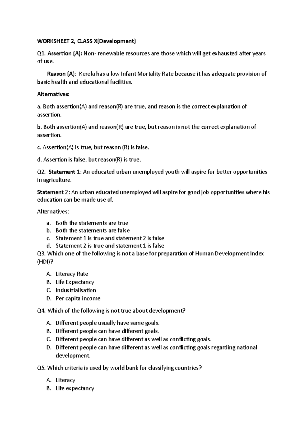 Worksheet 2, Class 10 (Development) - Questions & Answers - Studocu