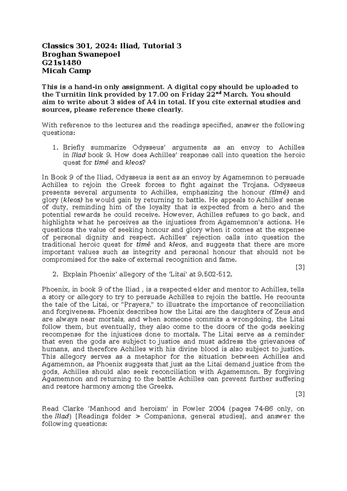 Classics 301, 2024: Iliad Tutorial 3 Assignment Analysis and Insights ...