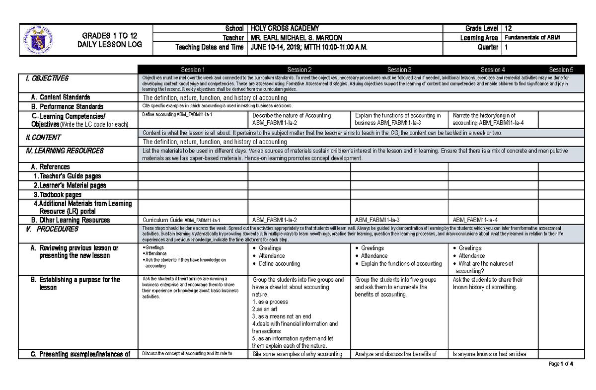 Document - I need it - GRADES 1 TO 12 DAILY LESSON LOG School HOLY ...