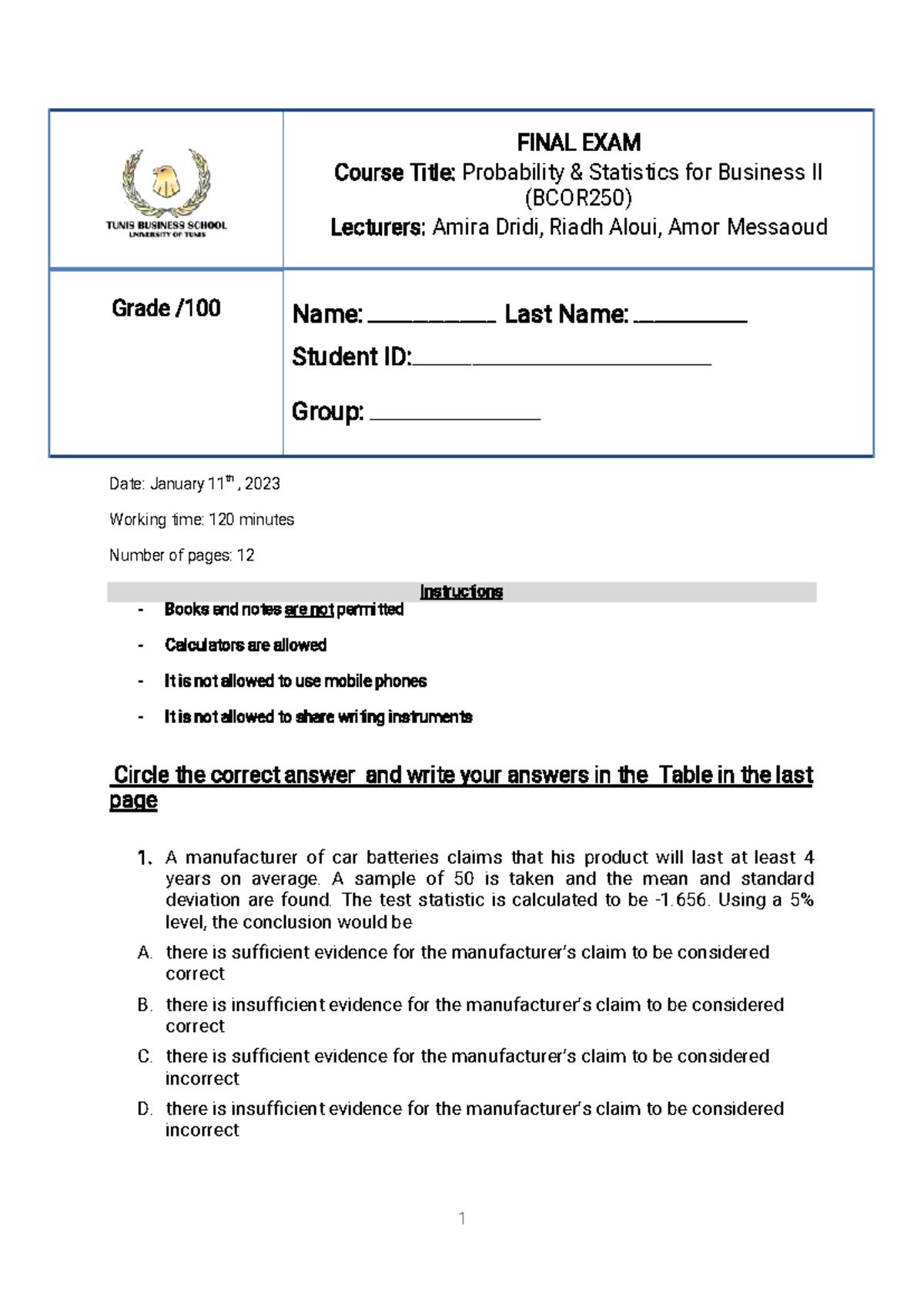 Final Exam Study Guide (BCOR250) - Probability & Statistics II - Studocu