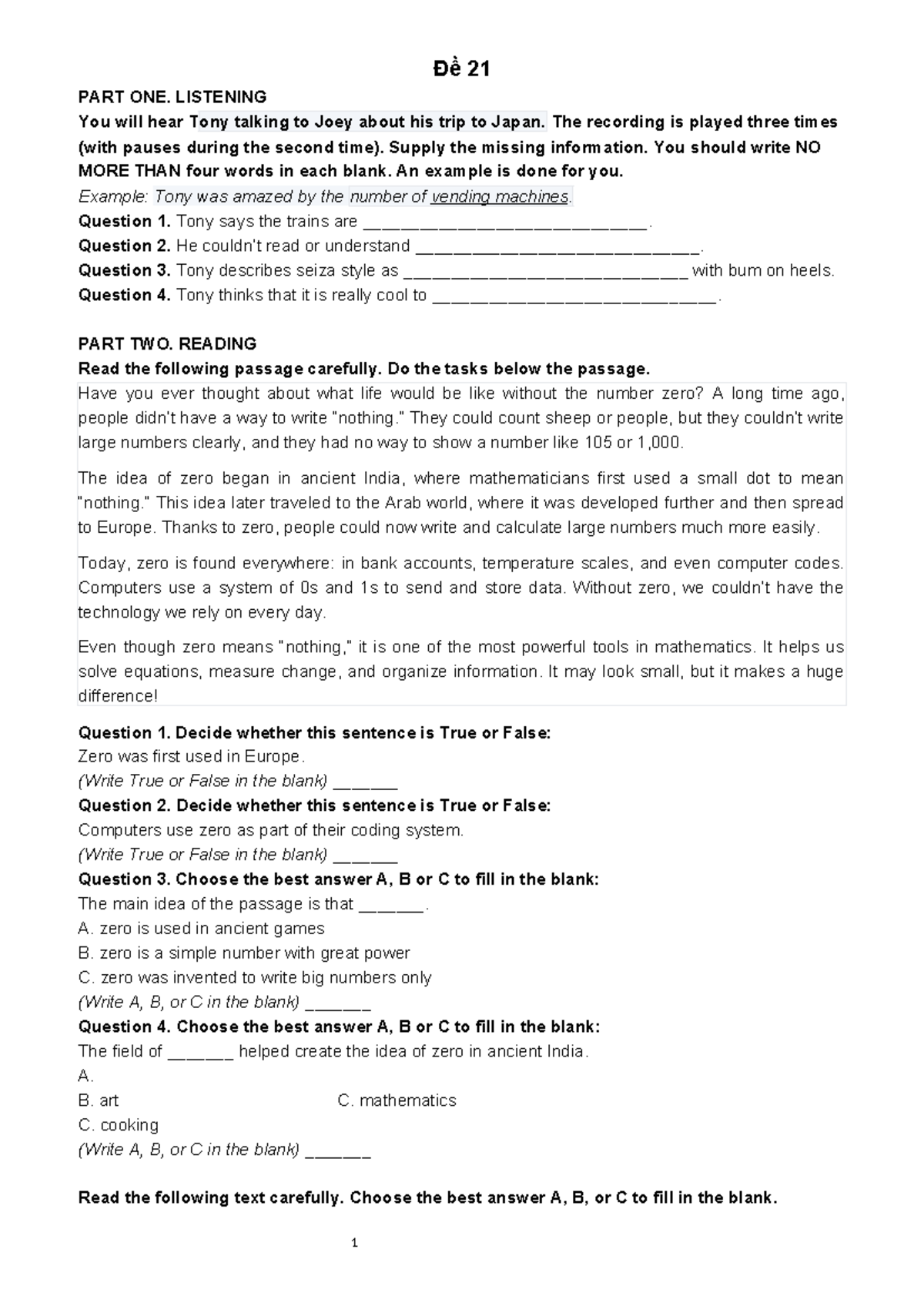 Đề 21 Listening and Reading Practice for English Exam - Studocu