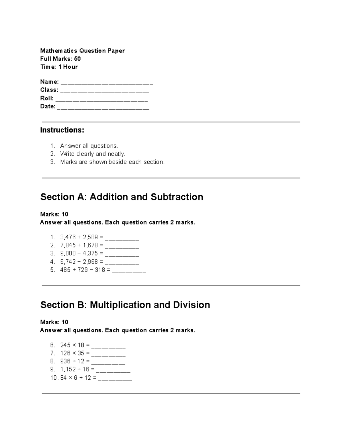 Mathematics Quiz: Full Marks Assessment (Total: 50) - Studocu