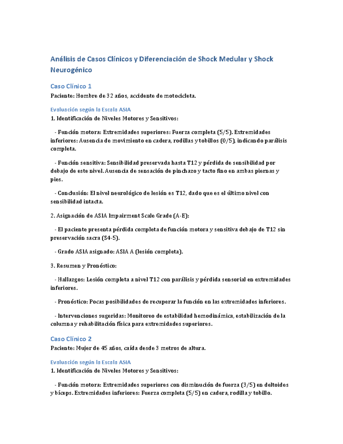 Análisis de Casos Clínicos: Shock Medular vs Neurogénico ASIA - Studocu