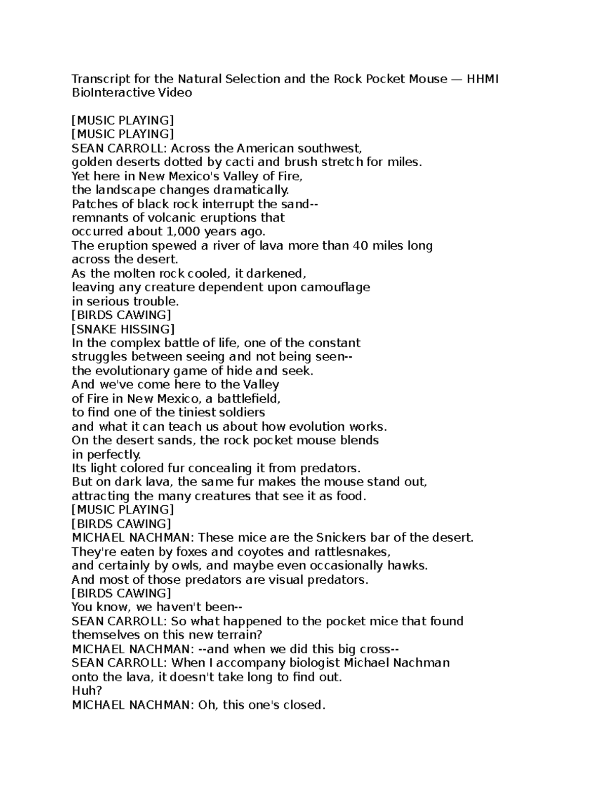 Transcript: Natural Selection in the Rock Pocket Mouse - HHMI - Studocu