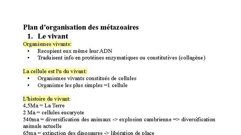 Métazoaires - Cours de Zoologie L1: Évolution et Caractéristiques - Studocu