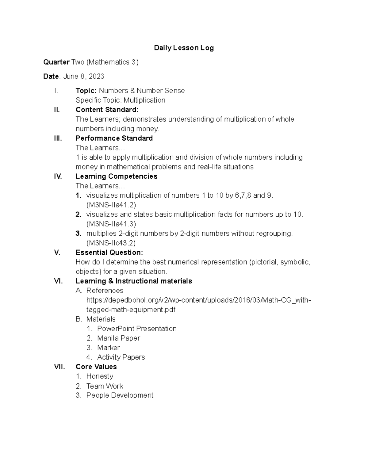 Mathematics 3 Lesson Log: Quarter Two on Numbers & Number Sense - Studocu