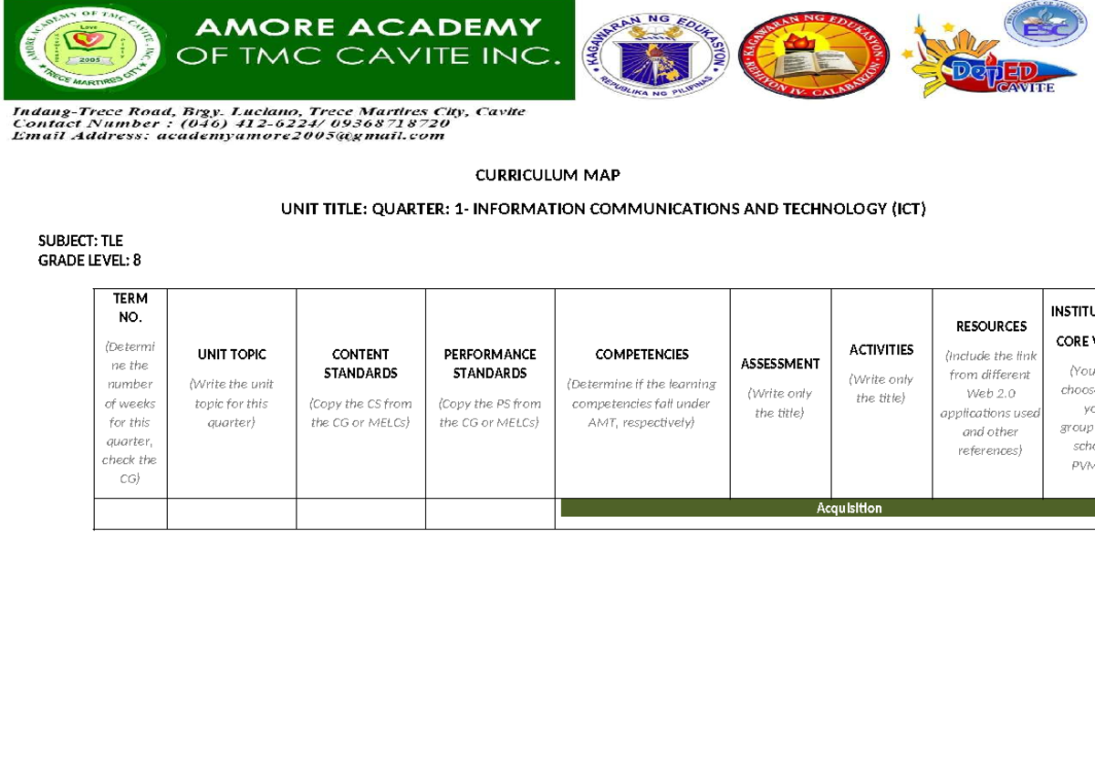 Curriculum Map: Grade 8 TLE - ICT in Online Marketing Unit - Studocu