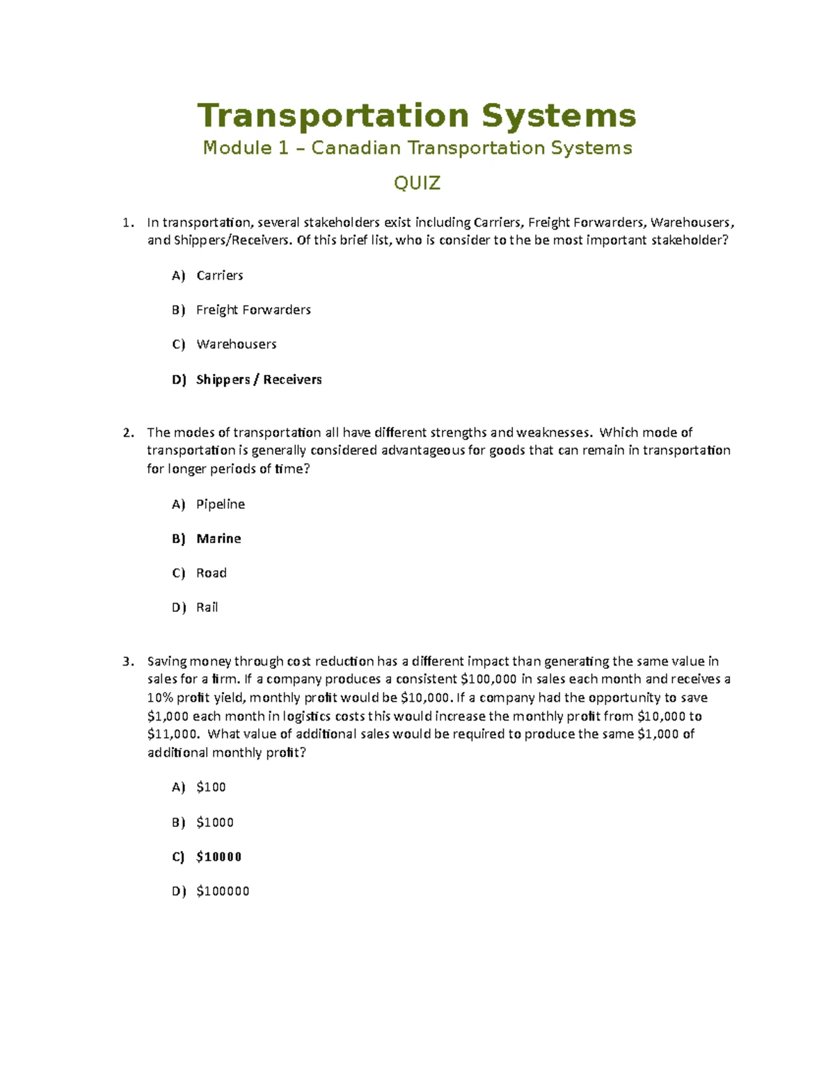 TS Quiz 10 - Transportation of Dangerous Goods - Transportation Systems ...