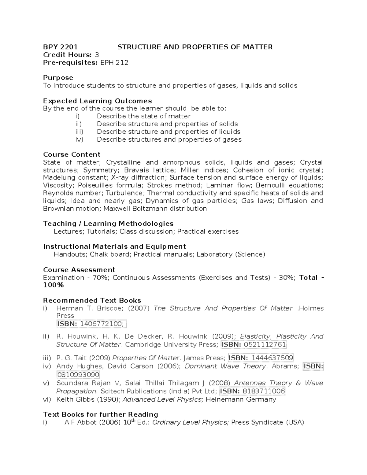 BPY 2201 Structure and Properties of Matter - Course Overview - Studocu
