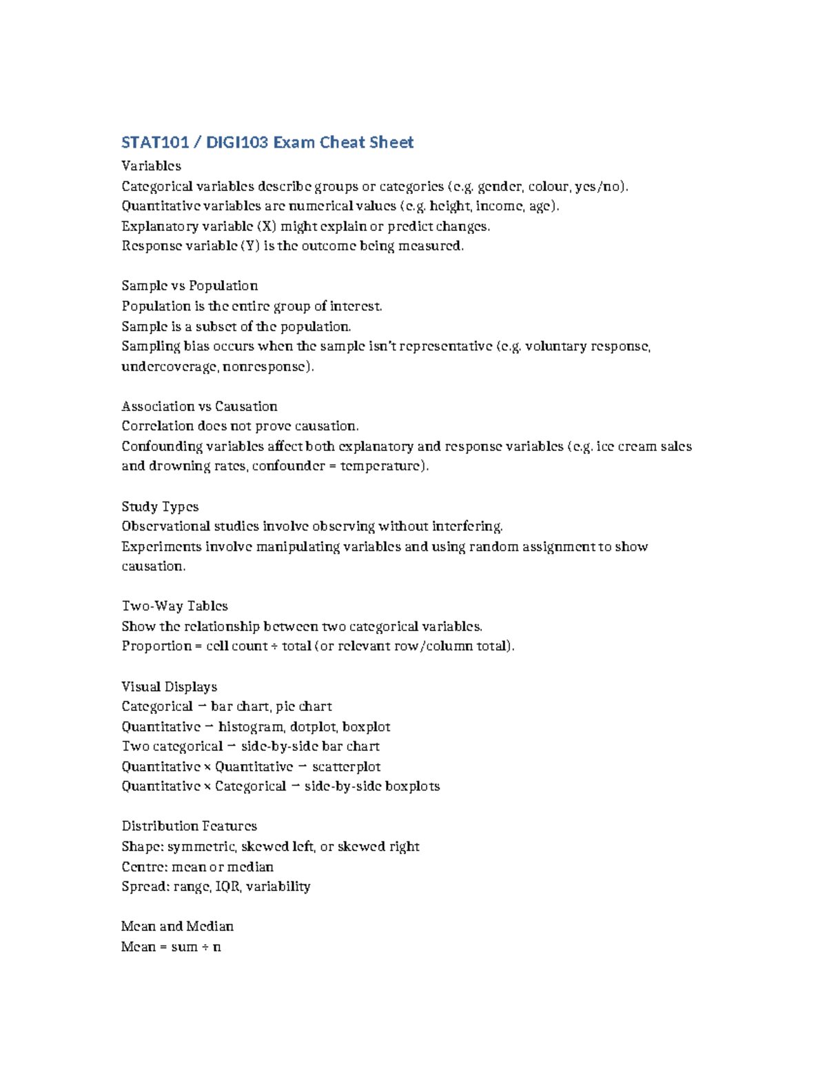 STAT101 DIGI103 Exam Cheat Sheet: Variables & Data Analysis - Studocu