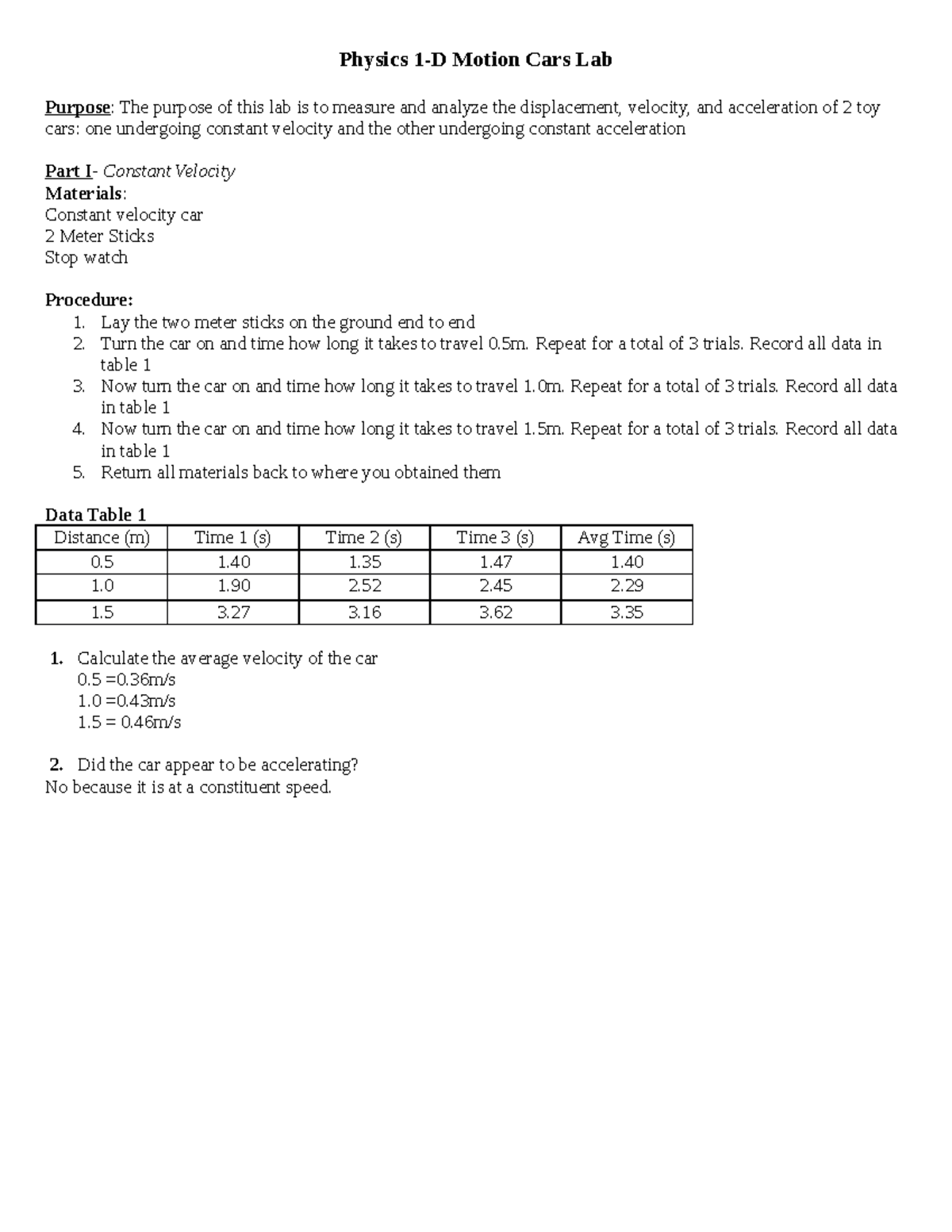 Copy of Cars lab - constant velocity - Physics 1-D Motion Cars Lab ...