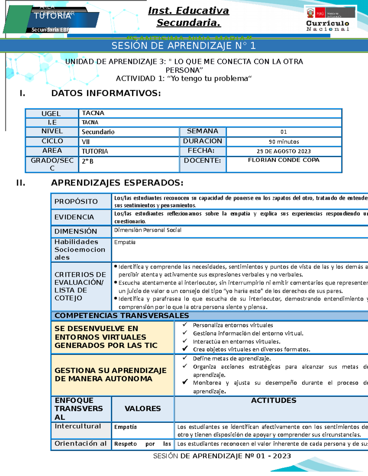 Tutoria 1 SES 1 EBR Unidad 3: Empatía en el Aula - 2023 - Studocu