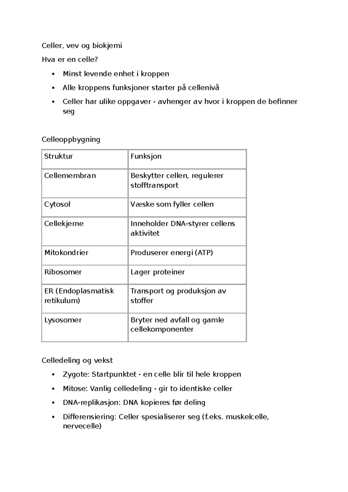 Celler, Vev og Biokjemi - Notater om Celleoppbygning og Funksjon - Studocu