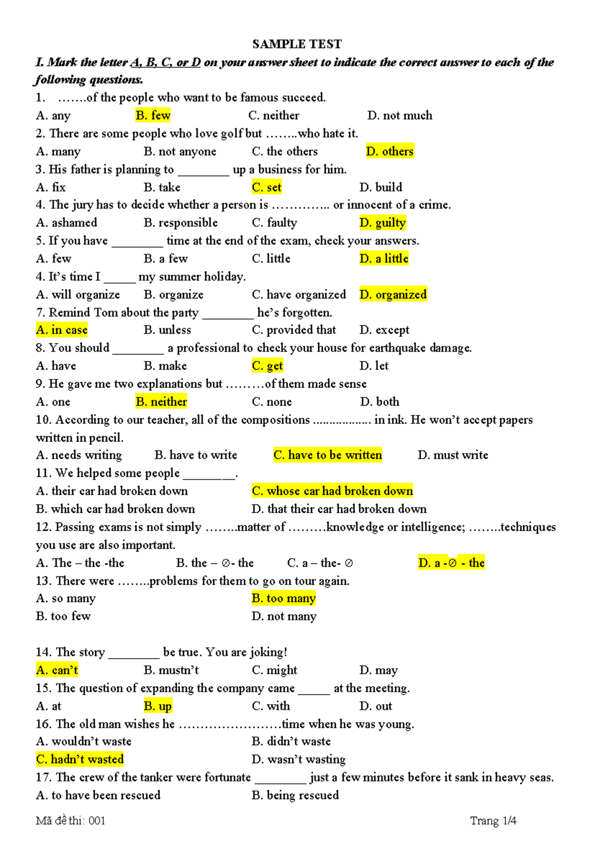 SAMPLE TEST I - Đề thi NPCB - Studocu