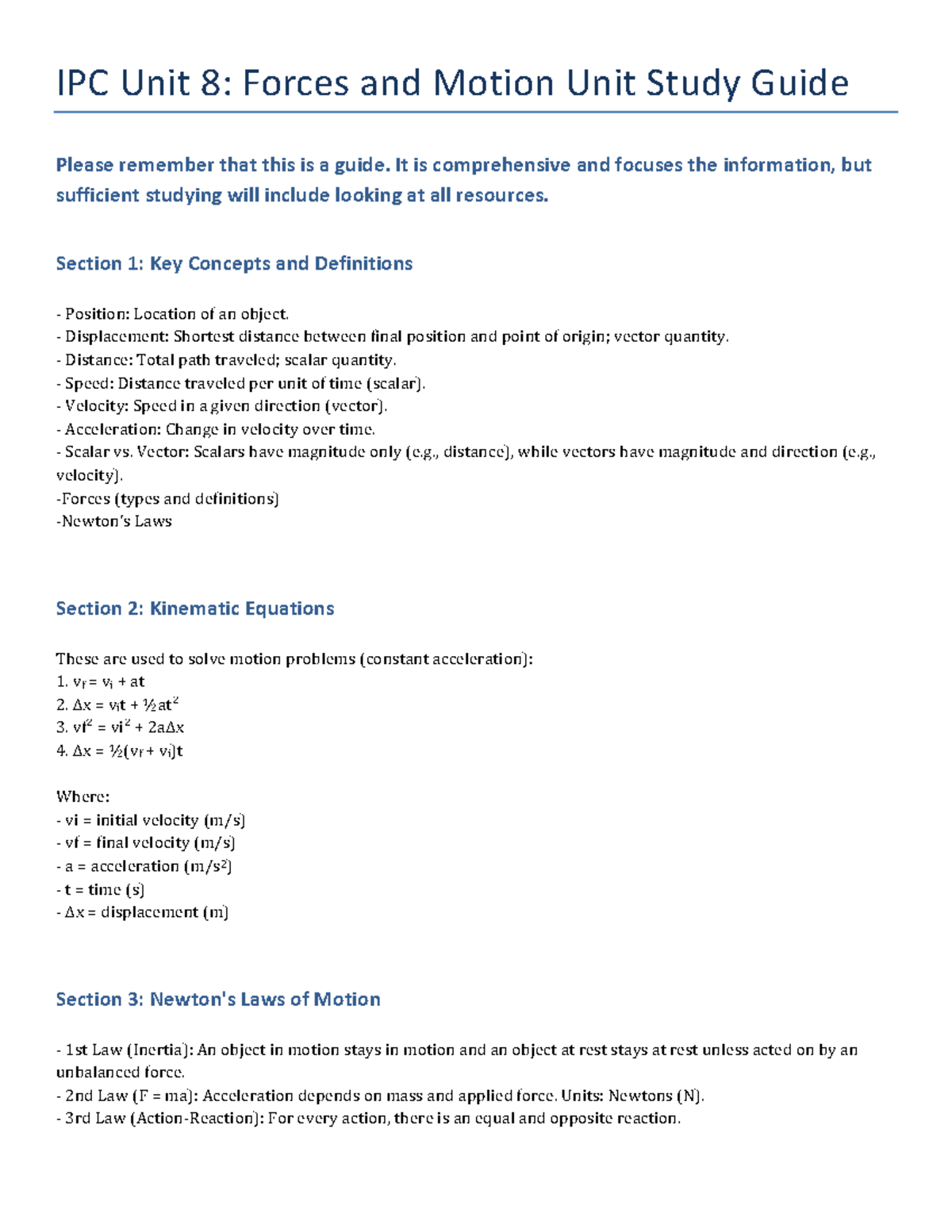 IPC Unit 8: Comprehensive Forces and Motion Study Guide - IPC Unit 8 ...