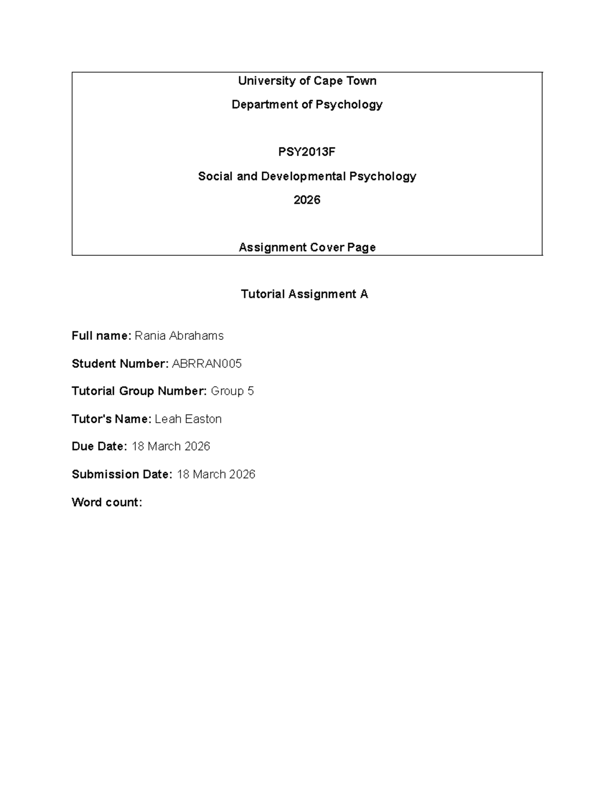 PSY2013F Social and Developmental Psychology Assignment A Insights ...