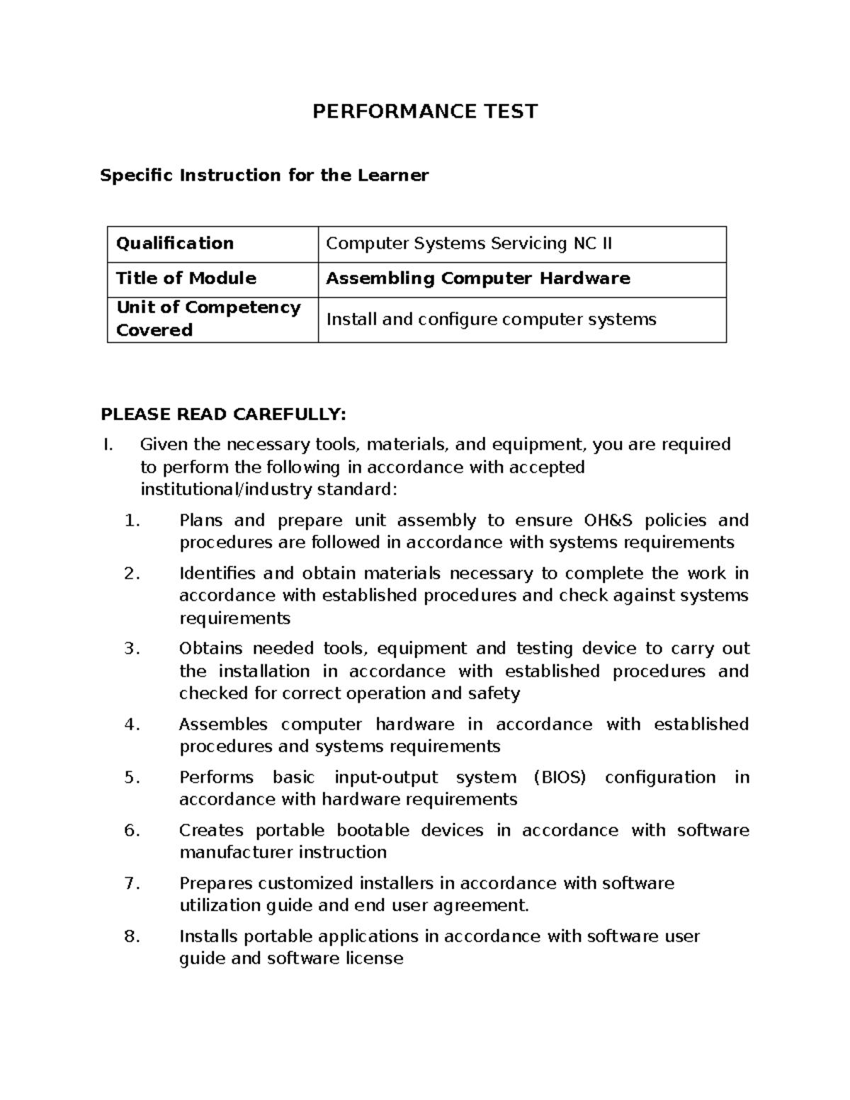 Performance TEST - PERFORMANCE TEST Specific Instruction for the ...