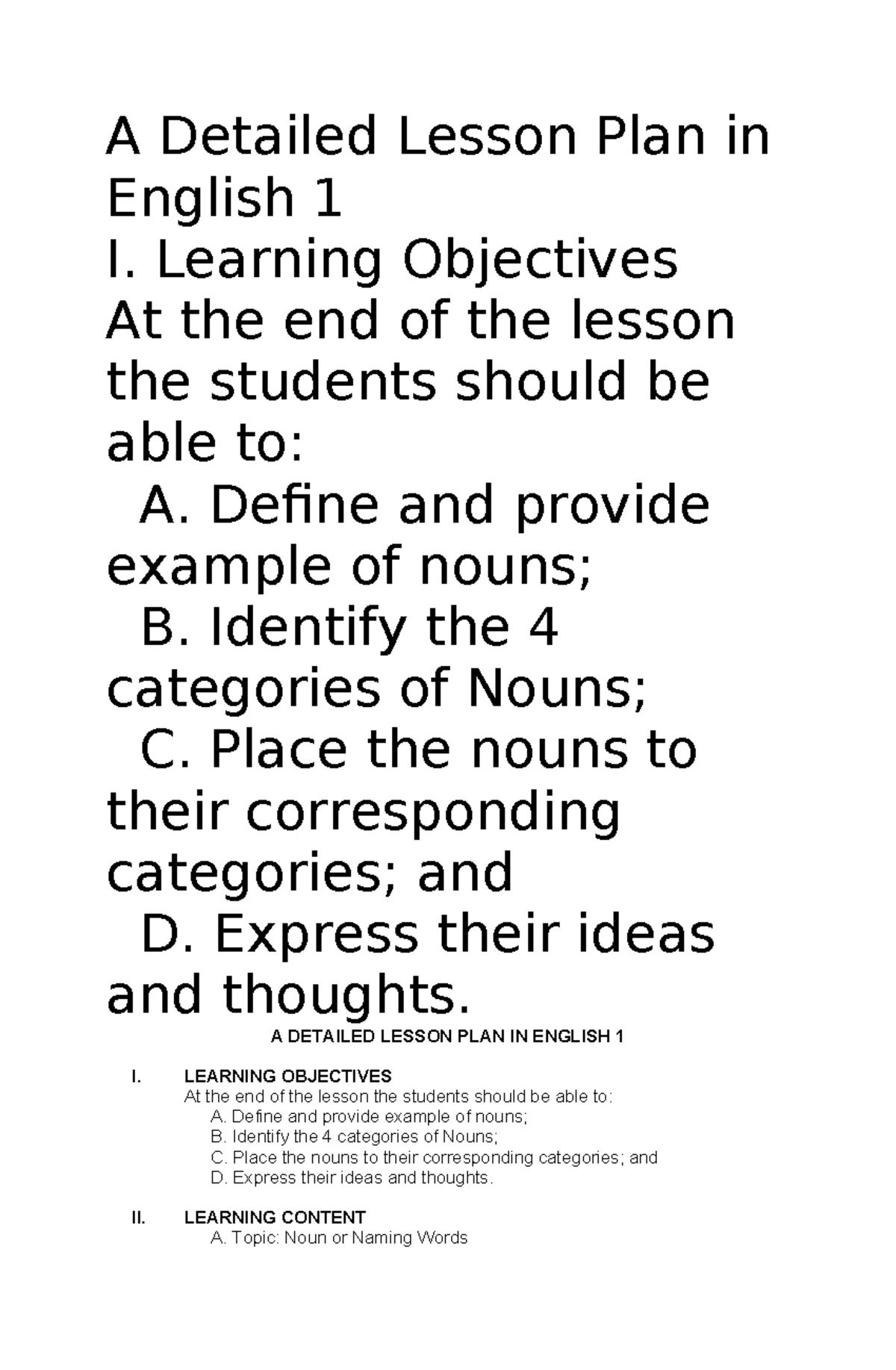 A Detailed Lesson Plan in English 1 - Learning Objectives At the end of ...