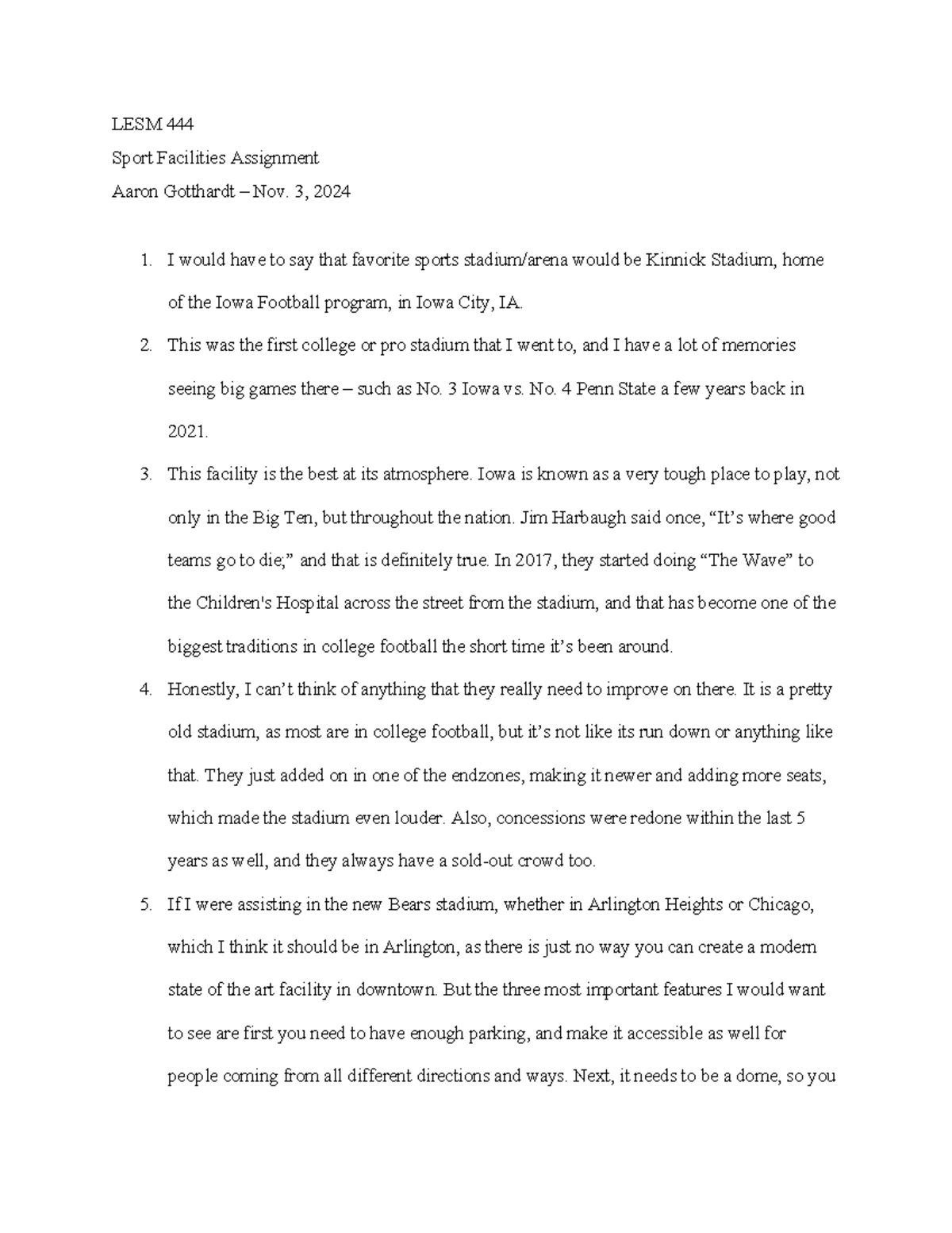 LESM 444 Sport Facilities Assignment: Insights on Kinnick Stadium - Studocu