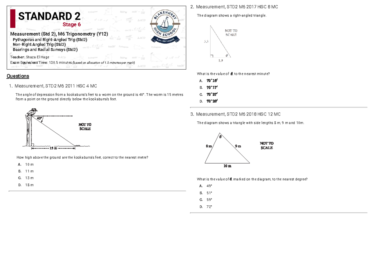 Trigonometry Revision: Past HSC Questions (STD2 M6) - Studocu