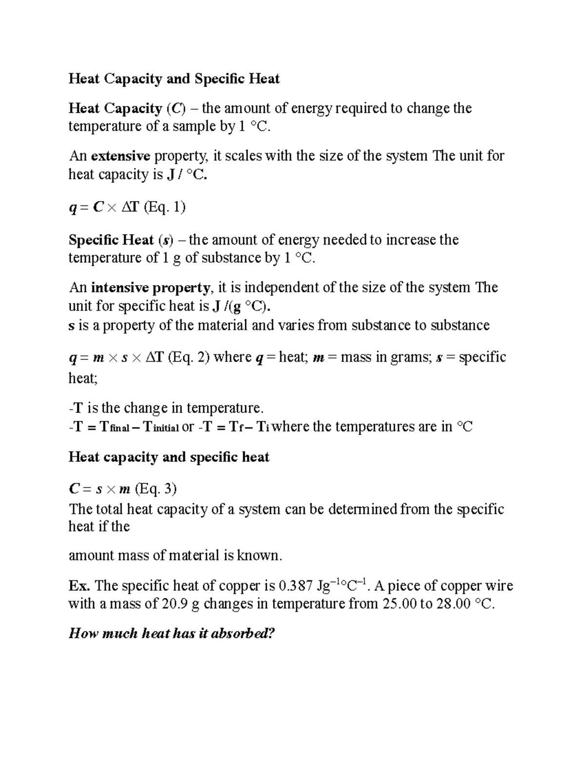 Heat specific - Heat Capacity and Specific Heat Heat Capacity (C) – the ...