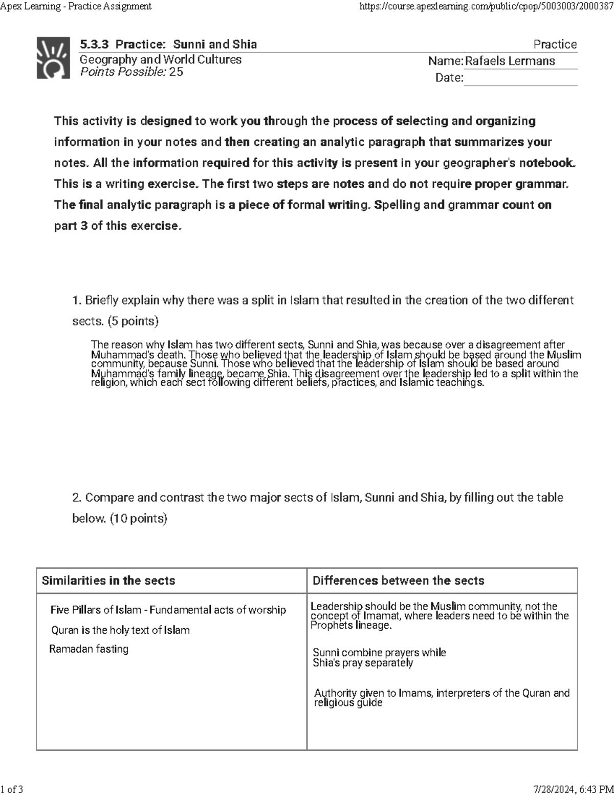 Apex Learning - Islam Sunni and Shia Comparison Practice Assignment ...