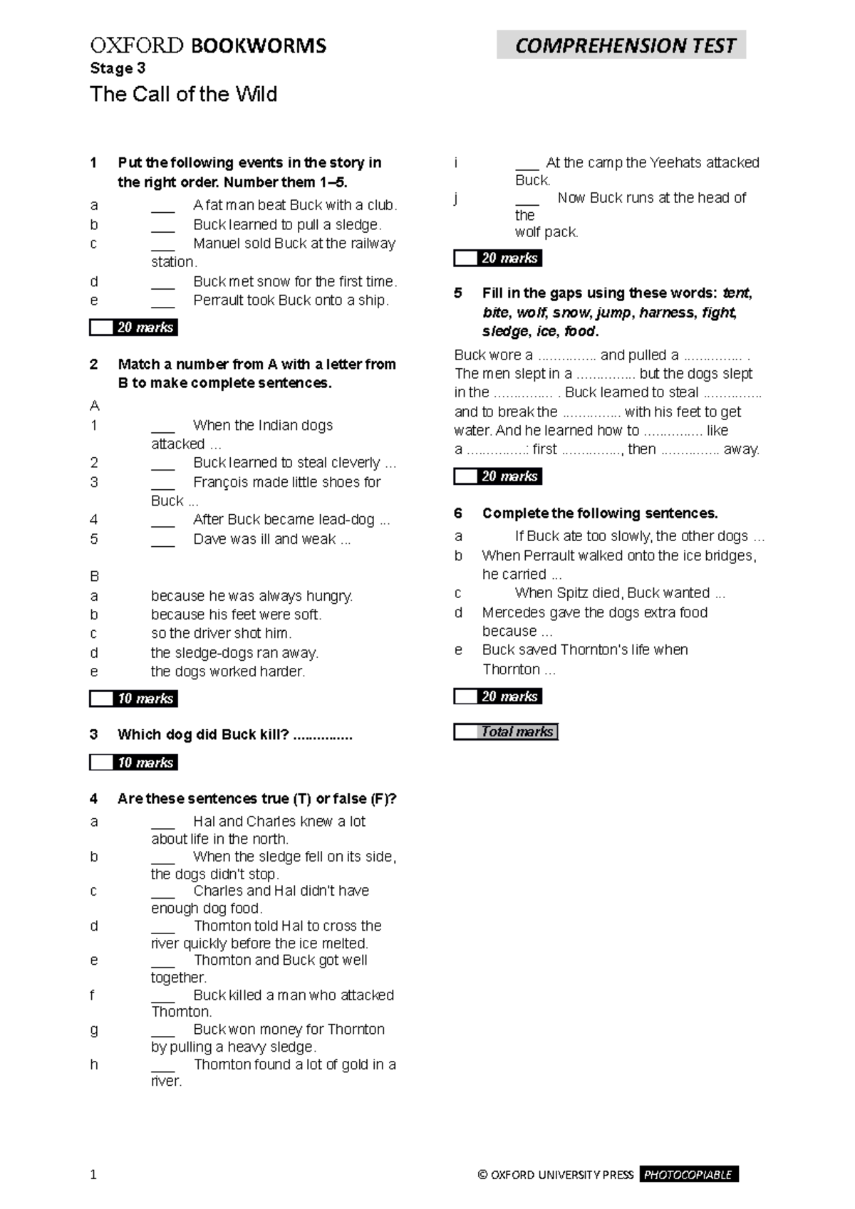The call of the wild 테스트+정답 - OXFORD BOOKWORMS COMPREHENSION TEST Stage ...