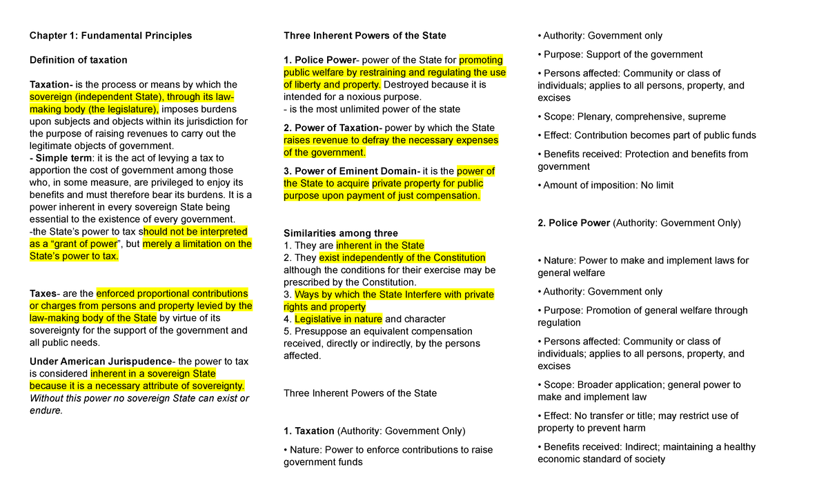 Taxation Chapter 1: Inherent Powers of the State and Tax Principles ...