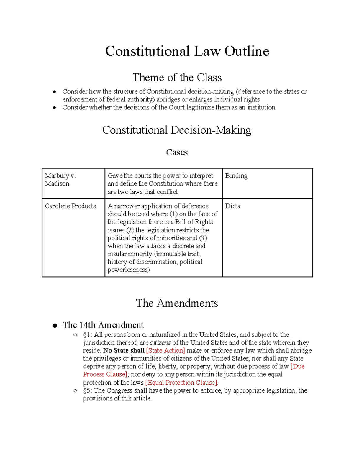 Constitutional Law Outline - Constitutional Law Outline Theme of the ...