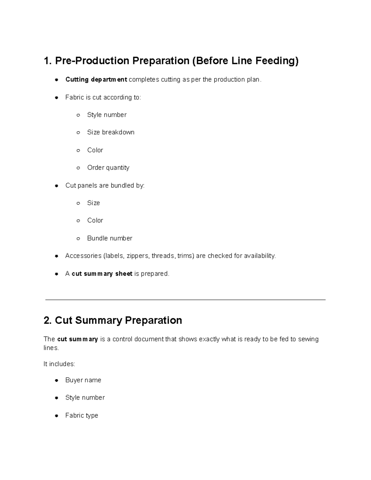 Daily Line Feeding Planning: Cut Summary & Production Control - Studocu