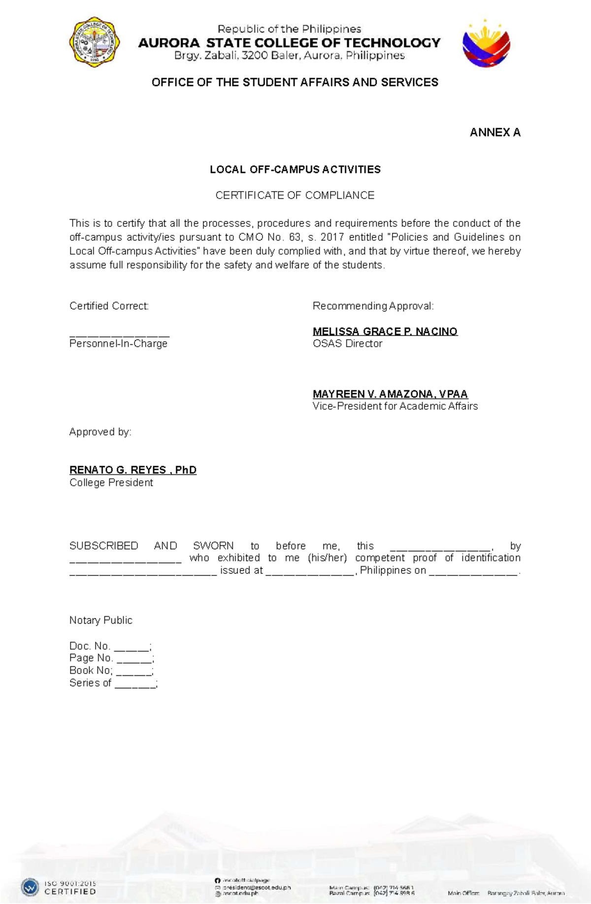 CMO 63 Compliance Certificate for Local Activities - OSAS - Studocu