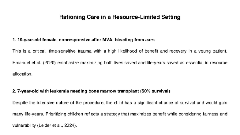 Rationing Care: Ethical Considerations and Patient Scenarios - Studocu