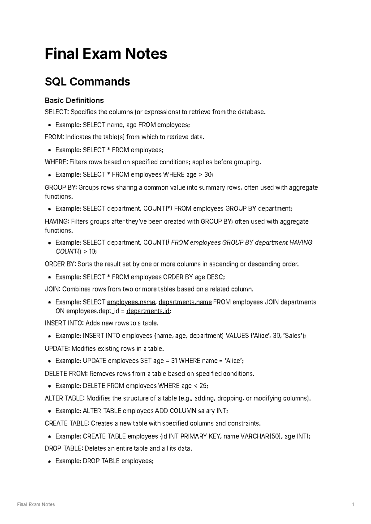 Final Exam Notes: SQL Commands & Definitions Cheat Sheet - Studocu