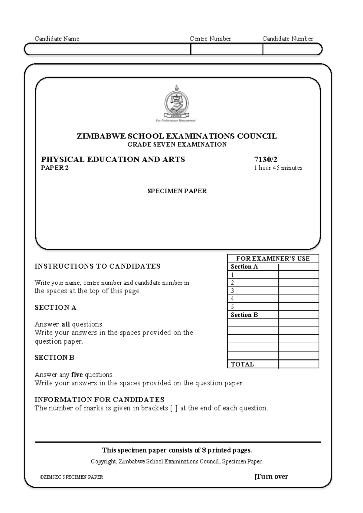 7130q02 Grade 7 Specimen Paper: Physical Education & Arts Exam - Studocu