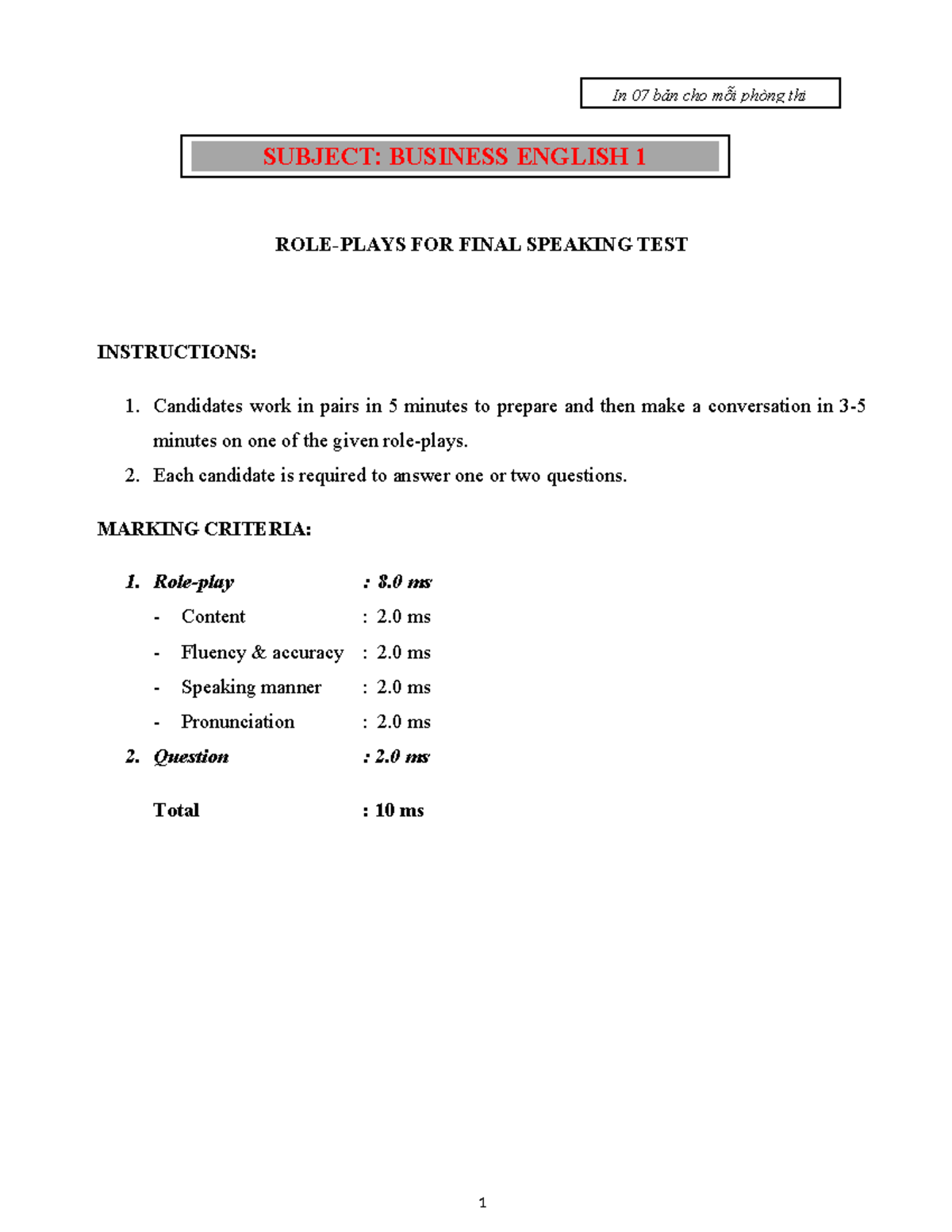 Flowchart for Business English 1 Final Speaking Test - TATM1 K28 - Studocu