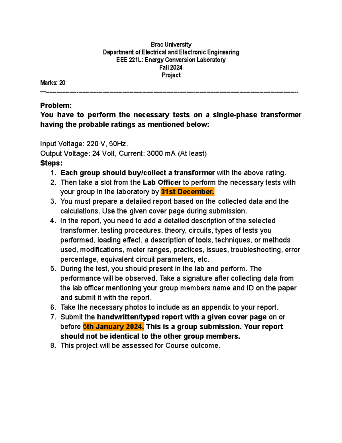 EEE 221L: Energy conversion laboratory project report guidelines - Studocu