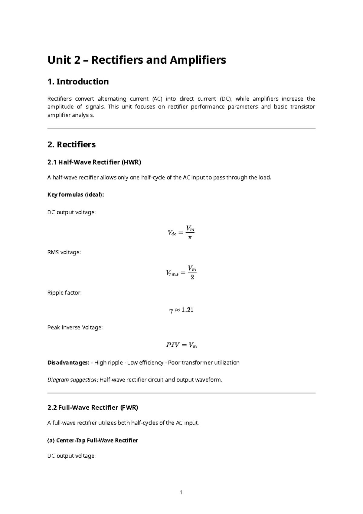 Unit 2 - Rectifiers and Amplifiers: Key Concepts and Analysis - Studocu