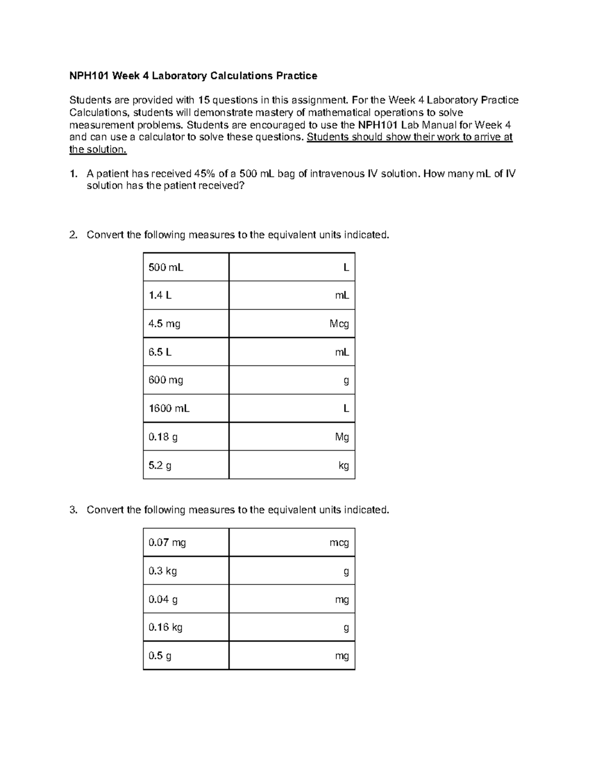 NPH101 Week 4 Lab Calculations Practice Assignment Guide - Studocu